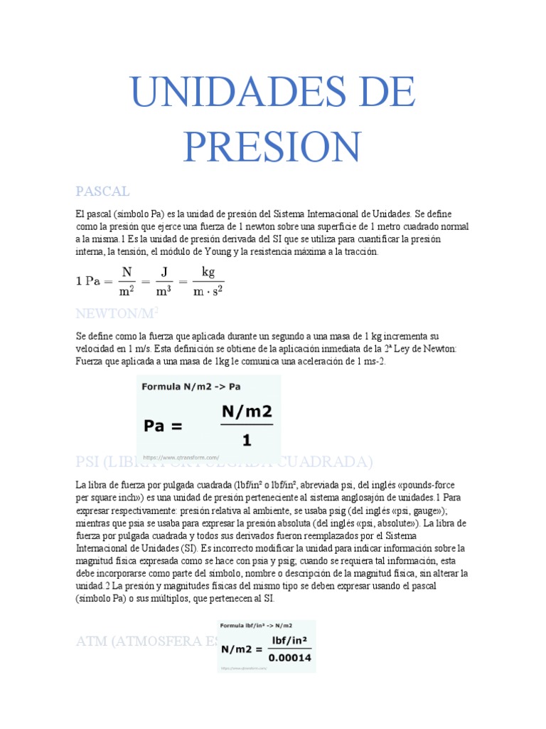 Unidades de Presion | PDF | Pascal (Unidad) | Presión