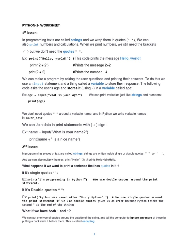 Python1 Worksheet | PDF | Variable (Computer Science) | String (Computer Science)