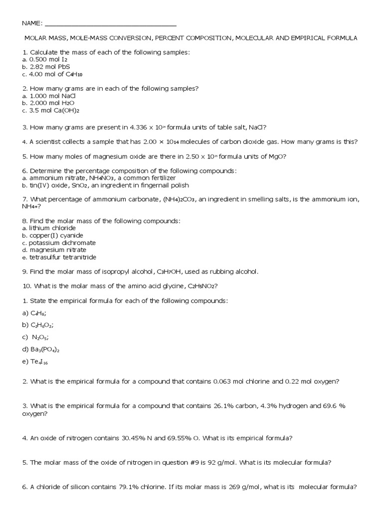 Molar Mass and Percent Composition Guide | PDF | Mole (Unit) | Oxide