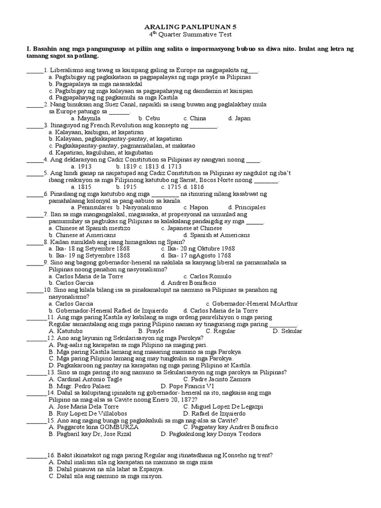 AP5 Q4 Summative Test | PDF