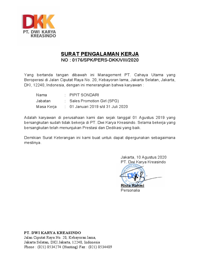 Surat Pengalaman Kerja PT Dwi Karya Kreasindo | PDF