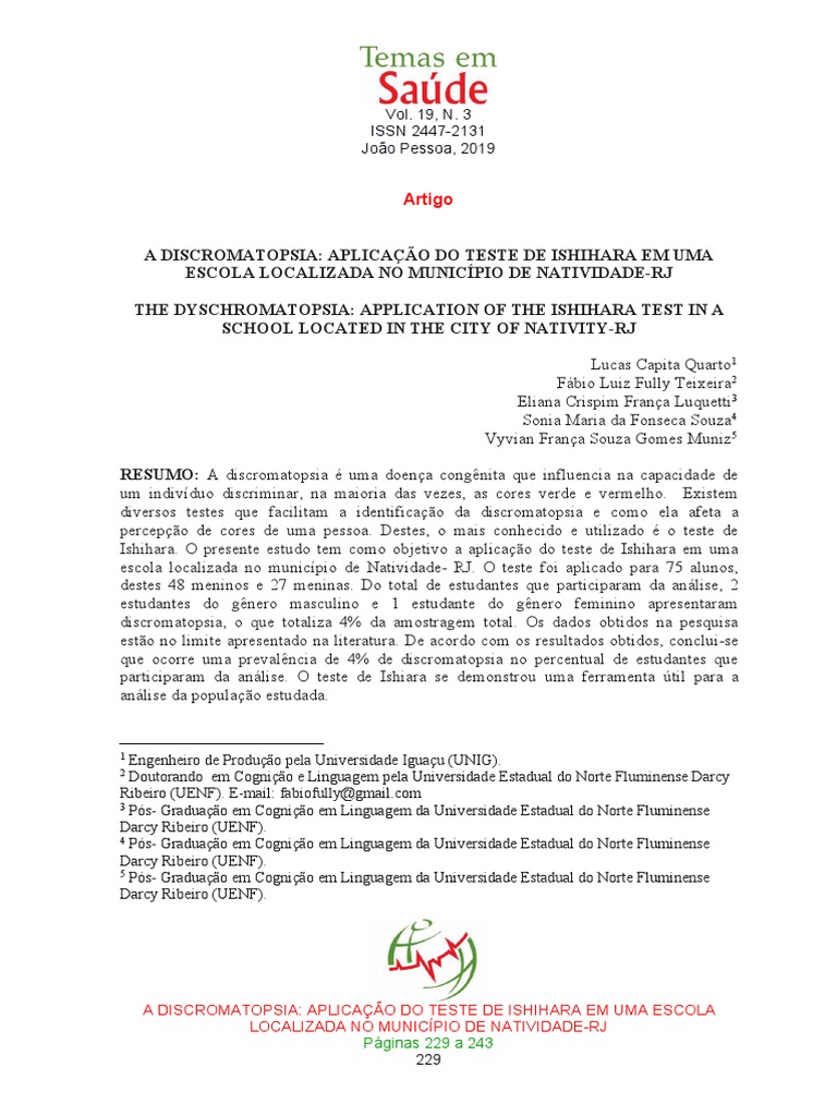 A Discromatopsia - Aplicação Do Teste de Ishihara em Uma | PDF ...