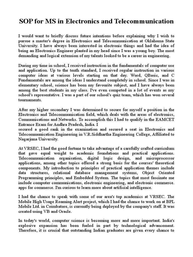 SOP For MS in Electronics and Telecommunication | PDF | Electronic ...