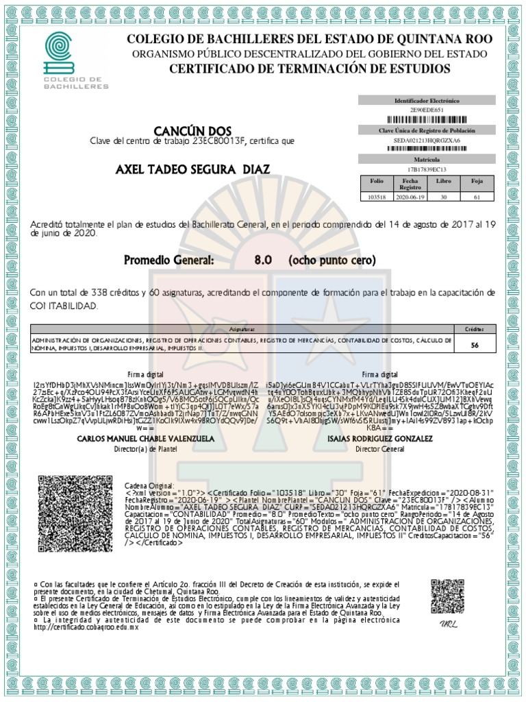 Certificado Colegio De Bachilleres Pdf