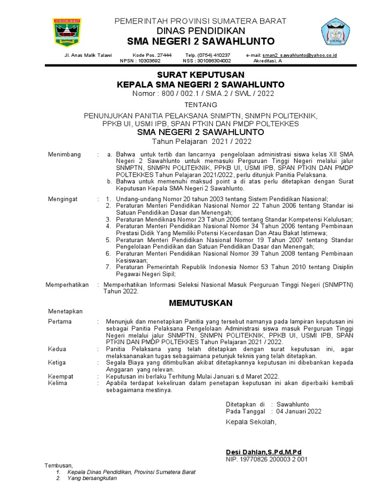 SK SNMPTN & PDSS Tahun Akademik 2021-2022 - Edit | PDF