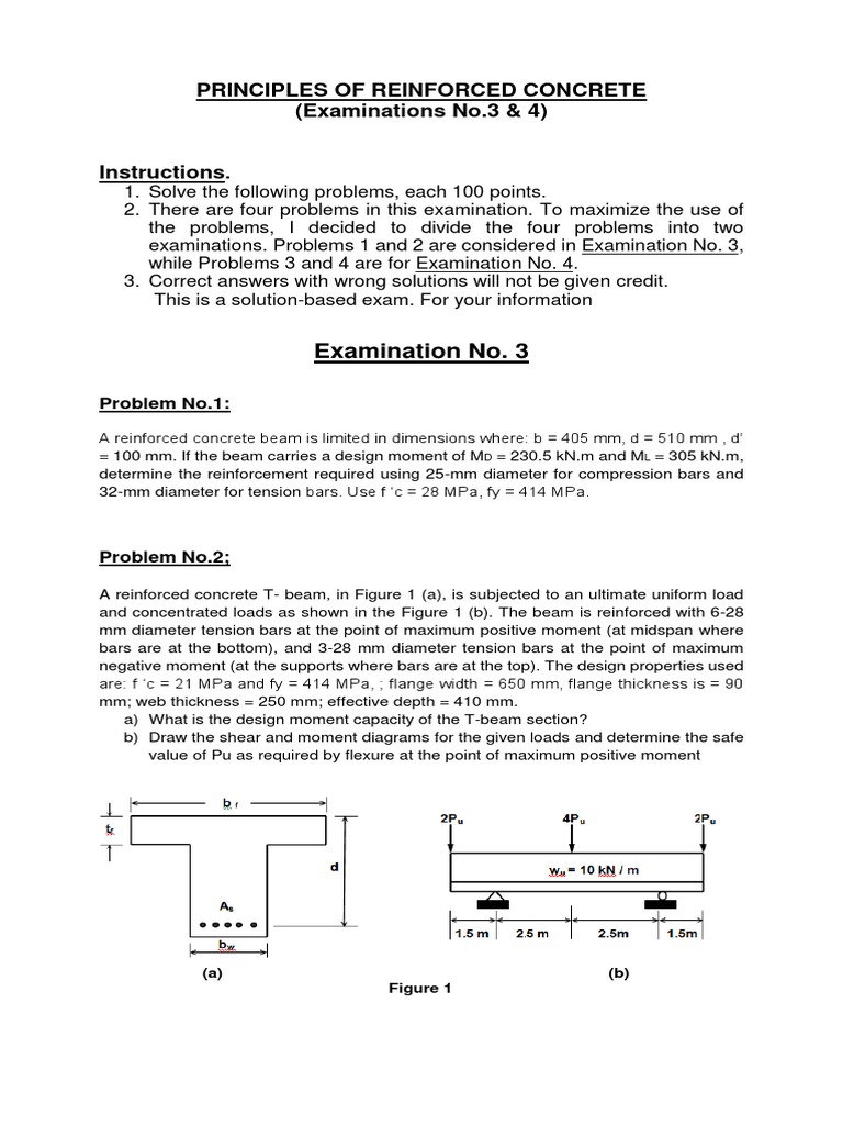 Examination No. 3 & 4 (Double, T-Beam & Shear) | PDF | Beam (Structure) | Bending