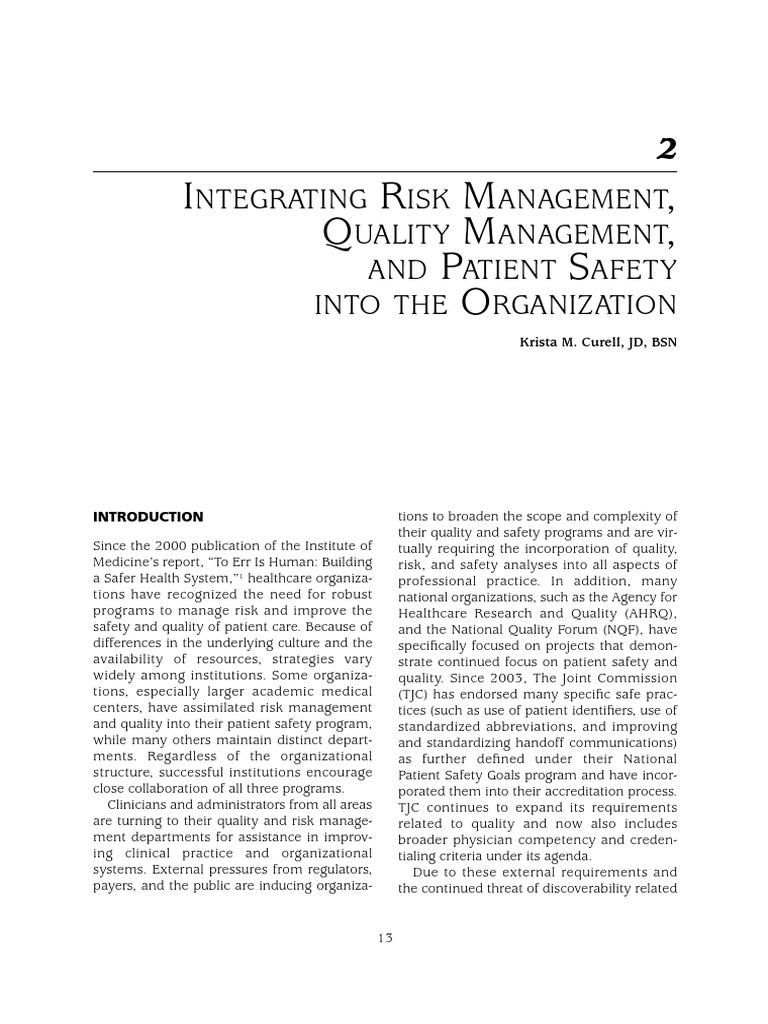 Chapter 2. Integrating Risk Management, Quality, Management, and ...