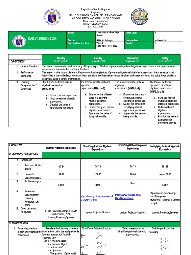 Grade 8-Math DLL Week 5 | PDF | Equations | Algebraic Geometry