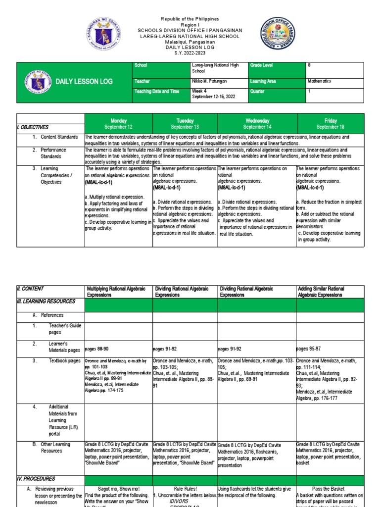 Grade 8-Math DLL Week 4 | PDF | Division (Mathematics) | Equations