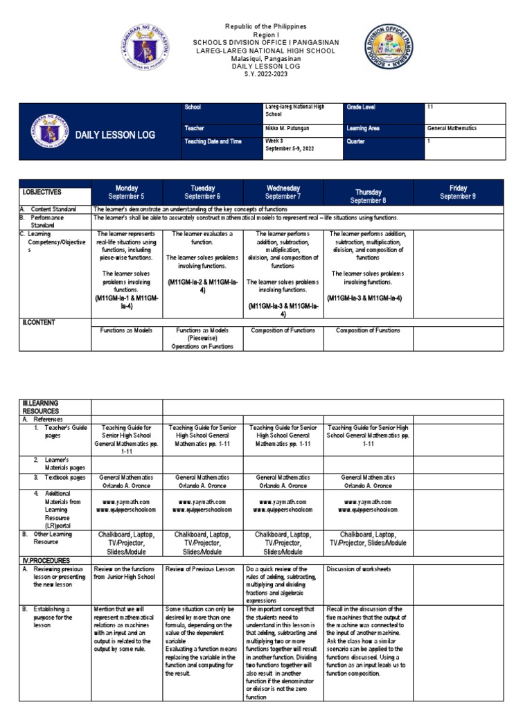 Grade 11 - Math DLL Week 3 | PDF | Function (Mathematics) | Numbers