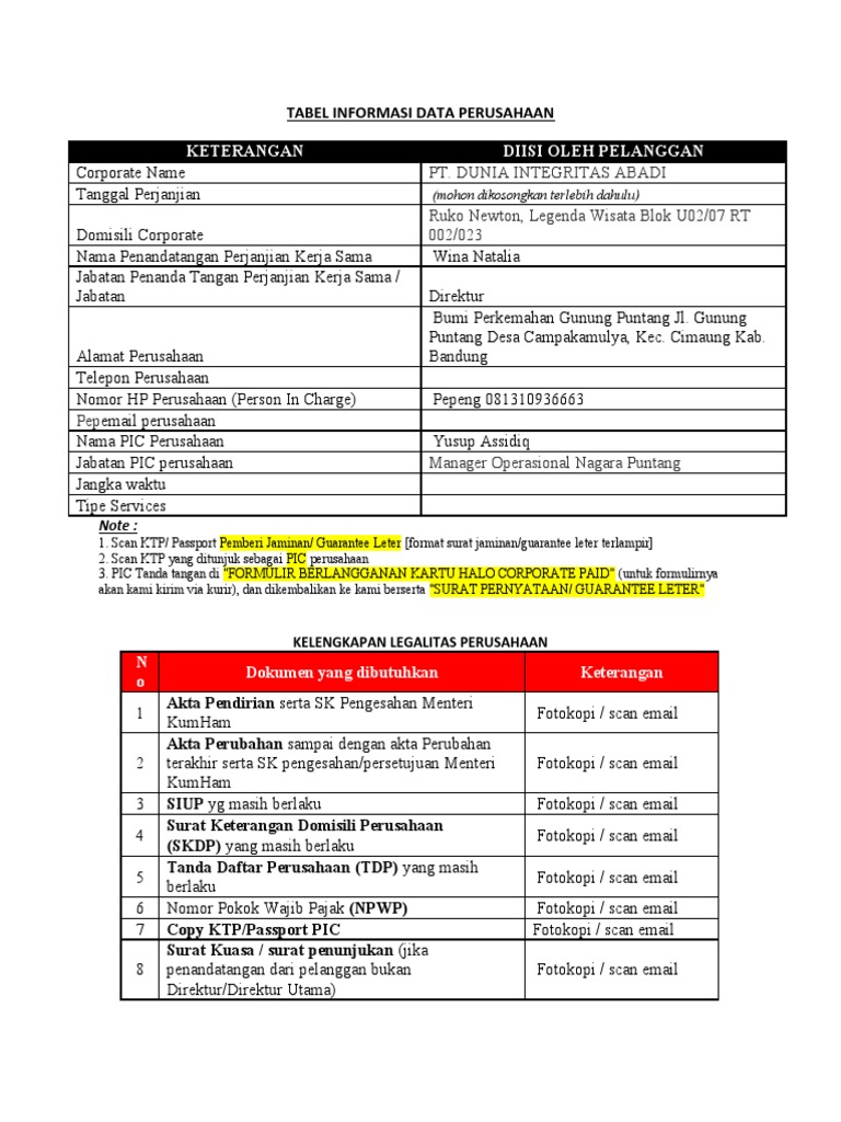 Tabel Informasi Data Perusahaan & Kelengkapan Legalitas Perusahaan | PDF
