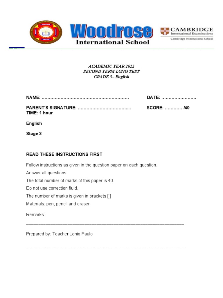 Grade 3 English Long Test | PDF | Paragraph