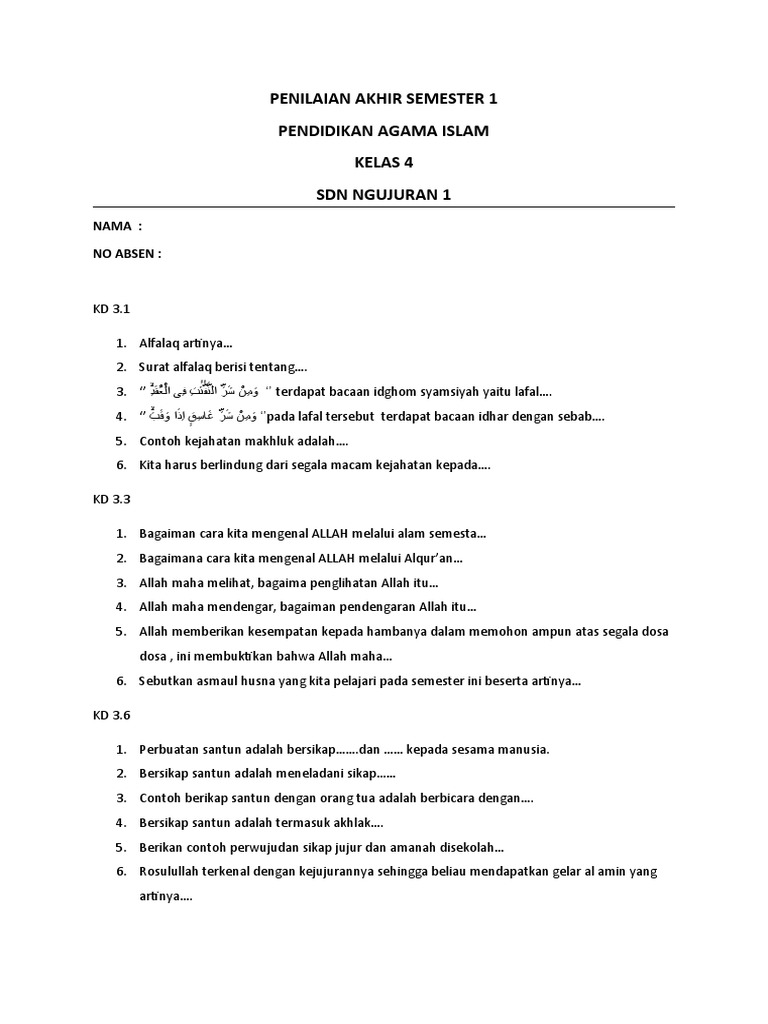 Pas Kelas 4 Semster 1 | PDF