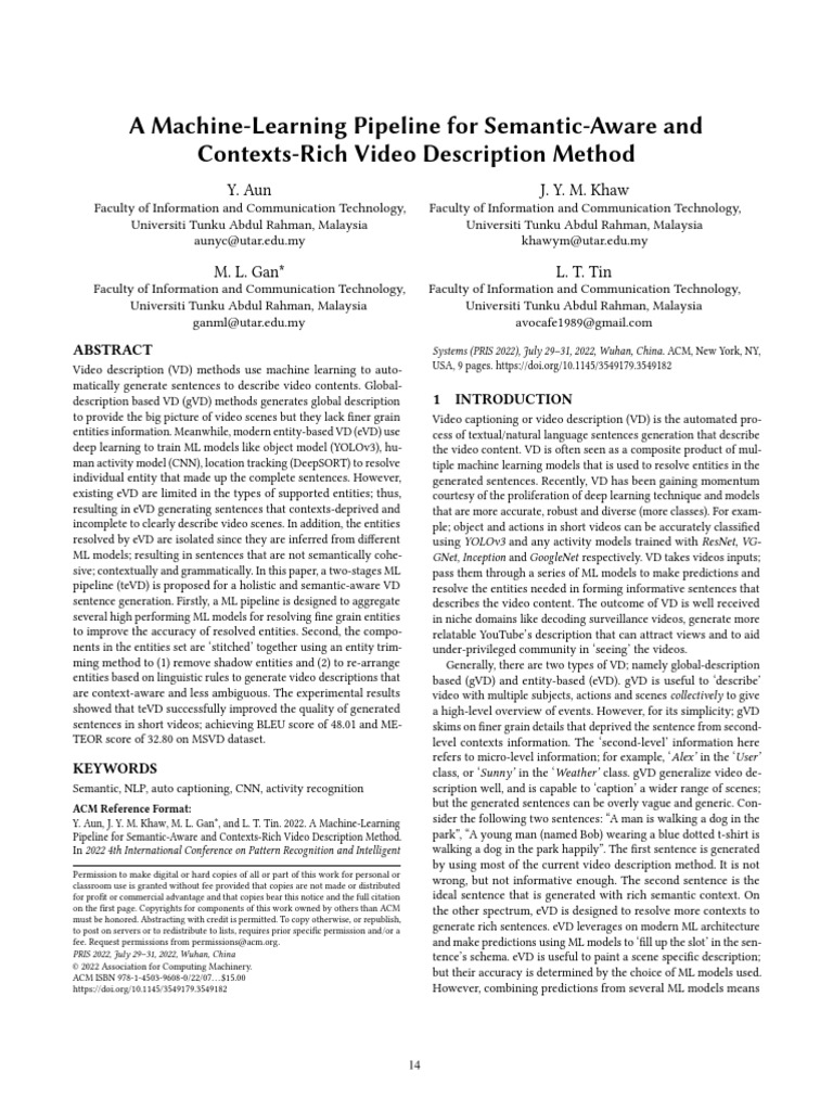 A Machine Learning Pipeline For Semantic Aware And Contexts Rich Video Description Method Pdf