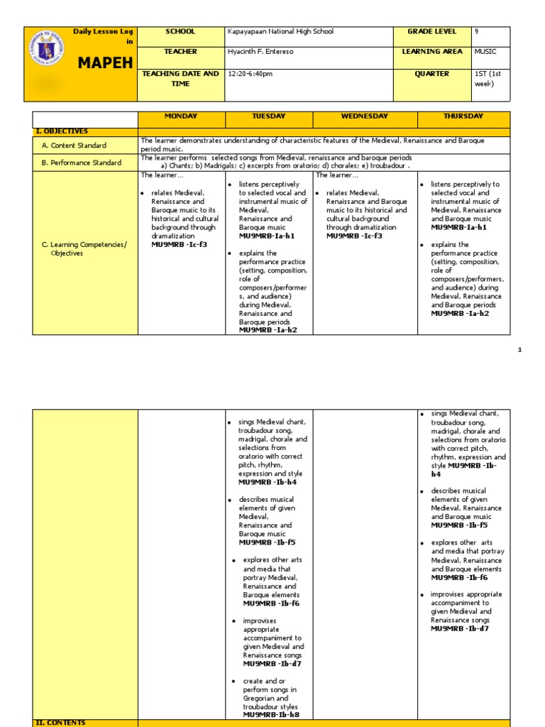 Q1 Grade 9 Music DLL Week 1 | PDF | Gregorian Chant | Rubric (Academic)