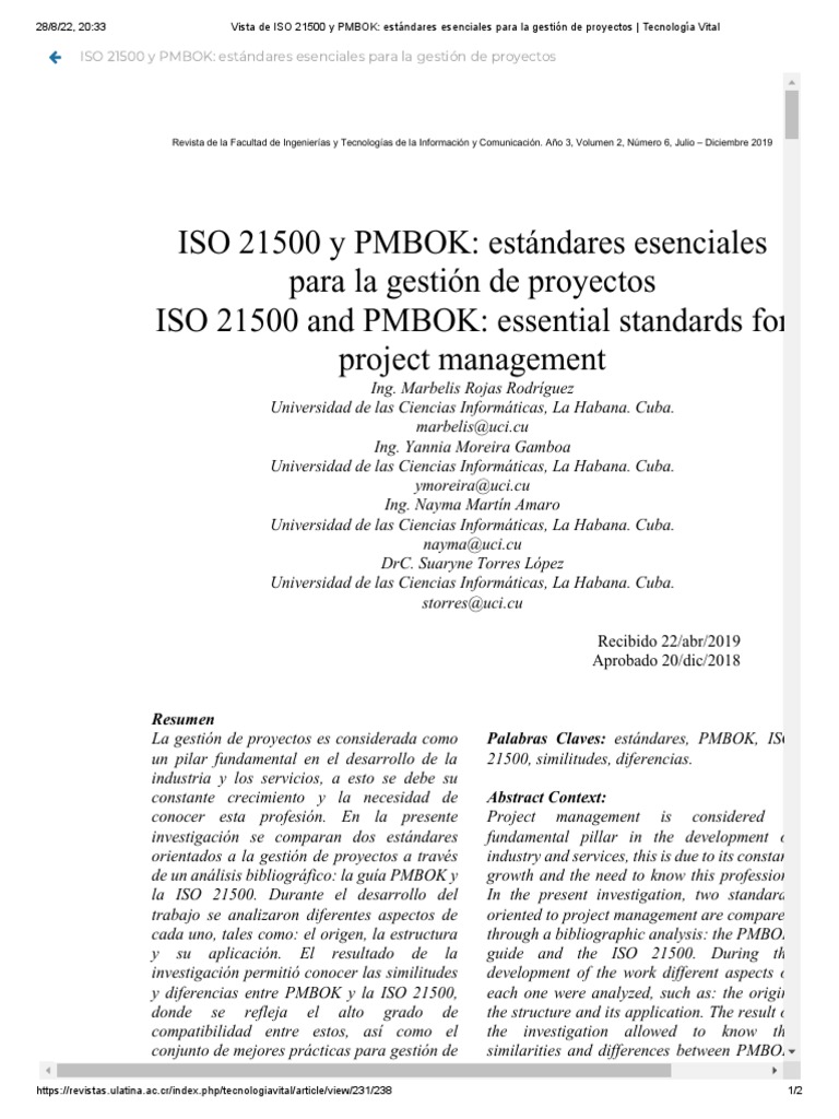 Vista de ISO 21500 y PMBOK - Estándares Esenciales para La Gestión de ...