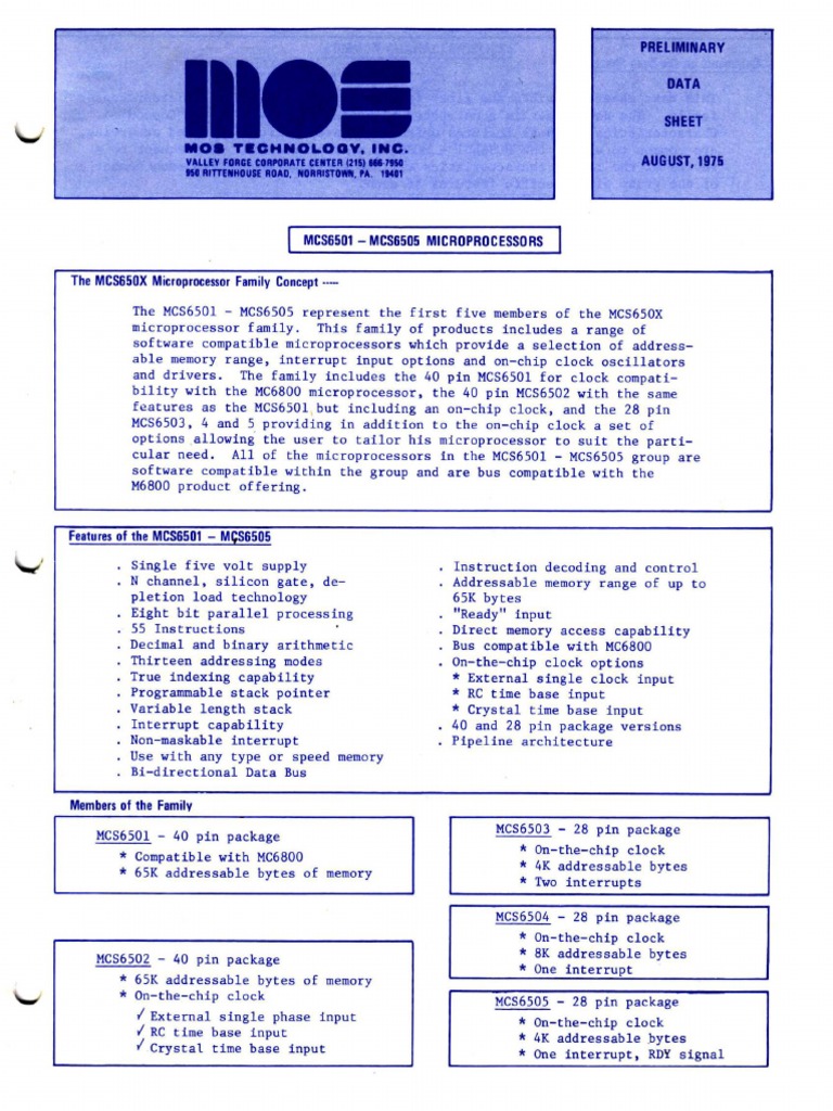 MOS 6501-6501 Preliminary Data Sheet, August 1975 | Download Free PDF ...