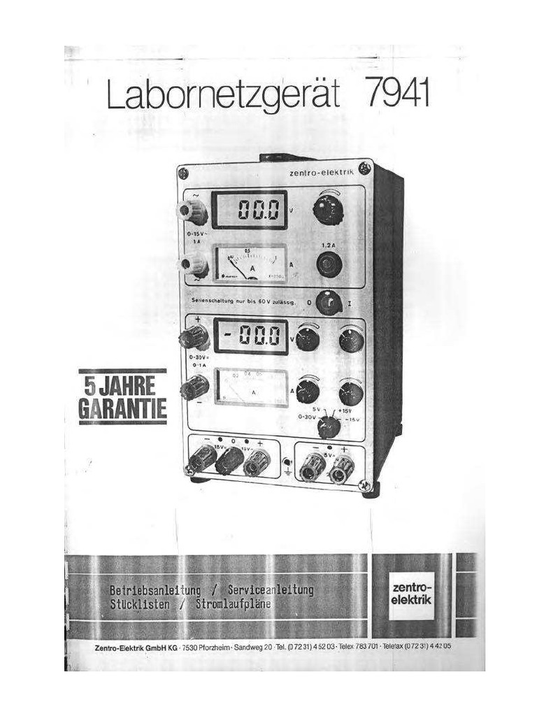 Zentro-Elektrik 7941-0-15,30v, Double-15v, 1a 5v, 2a Laboratory Power Supply 1987 SM | PDF