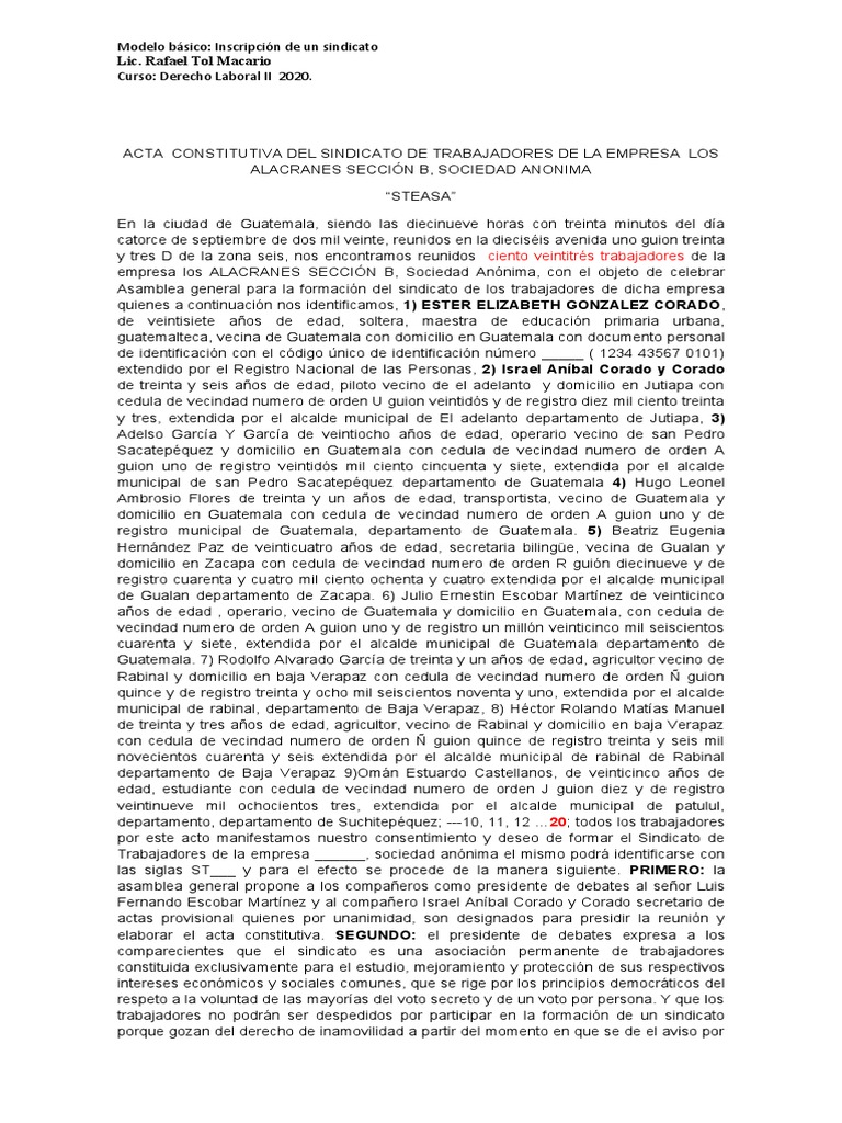 Acta Constitutiva de Un Sindicato | PDF | Gobierno Acta Constitutiva de Un Sindicato | PDF | Gobierno