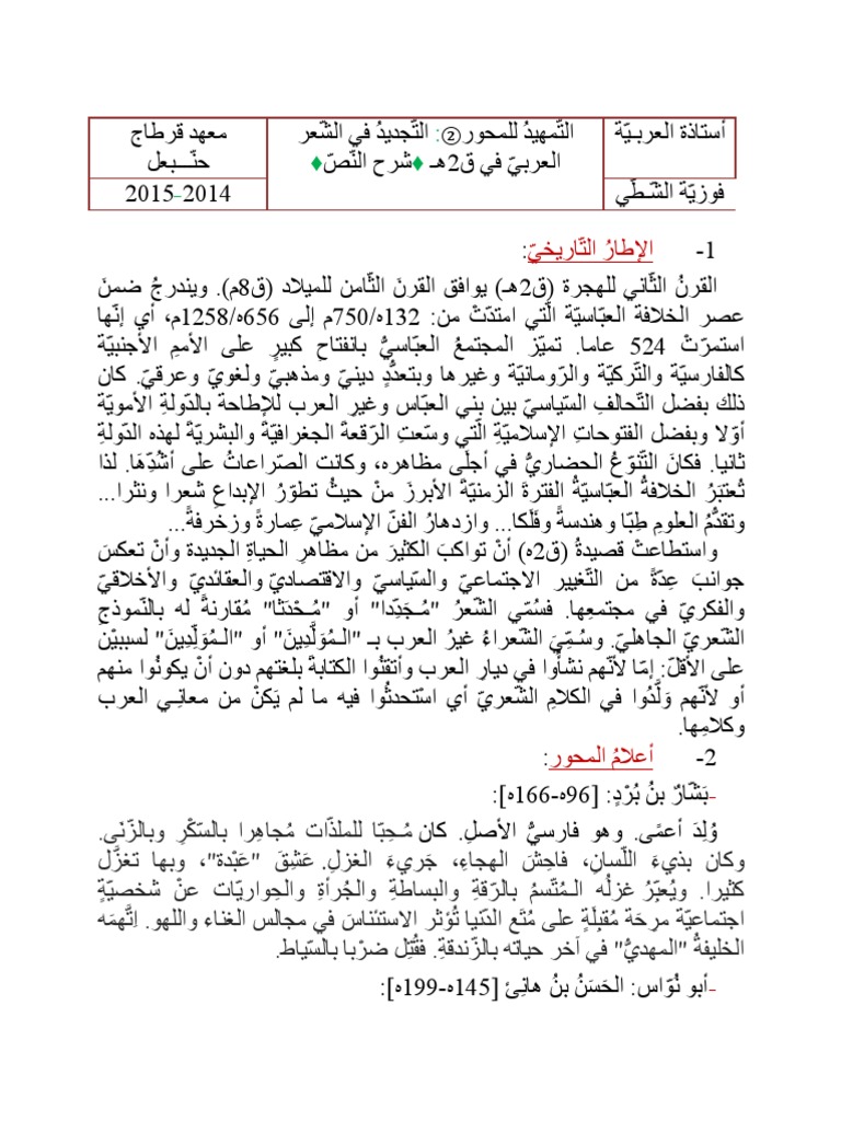 - cours - - -2eme - annee - secondaire-Arabe-شرح نص التجديد في الشعر العربي -فوزيّة الشطي -معهد ...