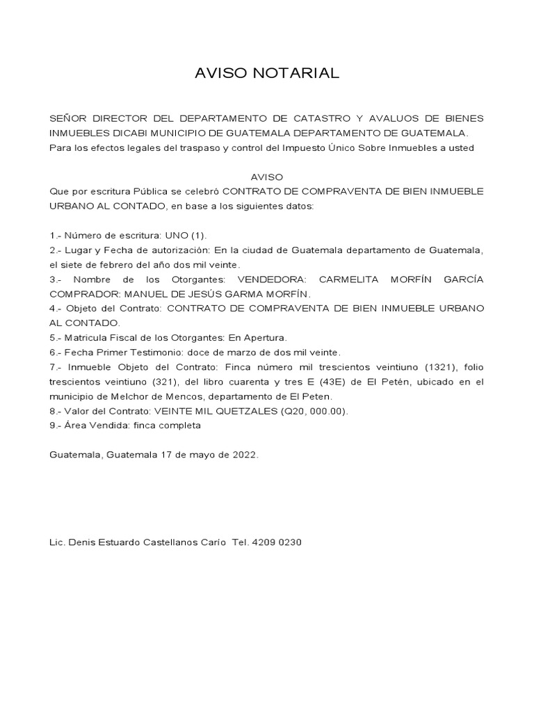 Aviso A Dicabi Compraventa de Inmueble | PDF | Finanzas y dinero | Derecho