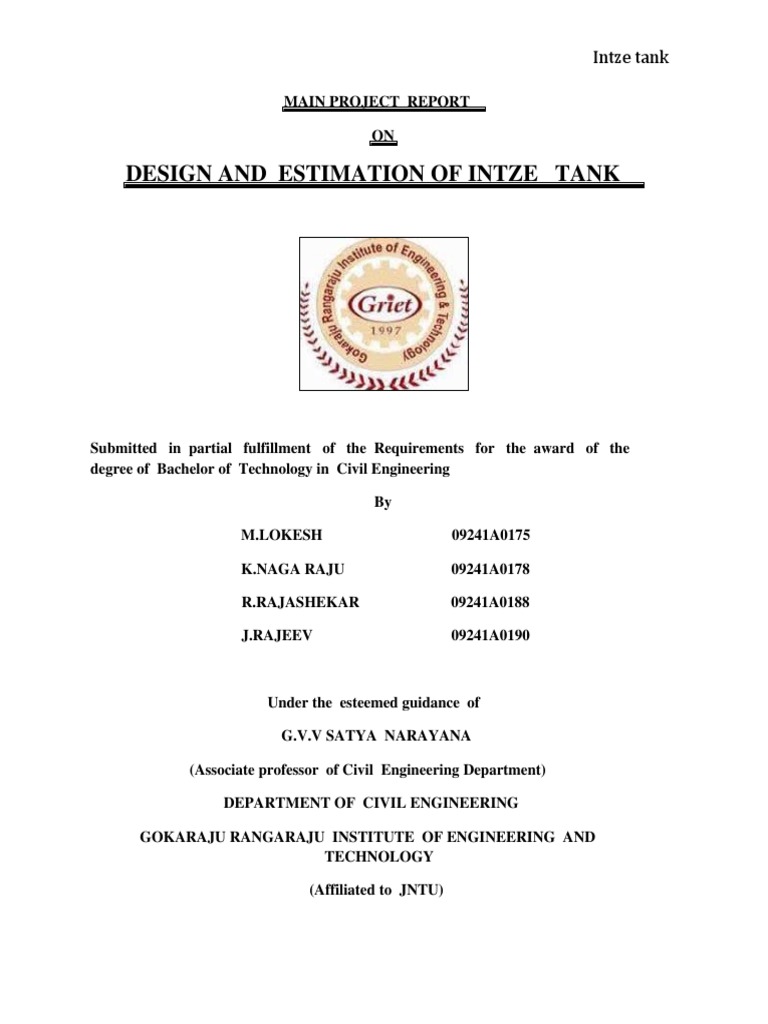 Intze Tank MAIN PROJECT REPORT ON DESIGN | PDF | Concrete | Stress ...