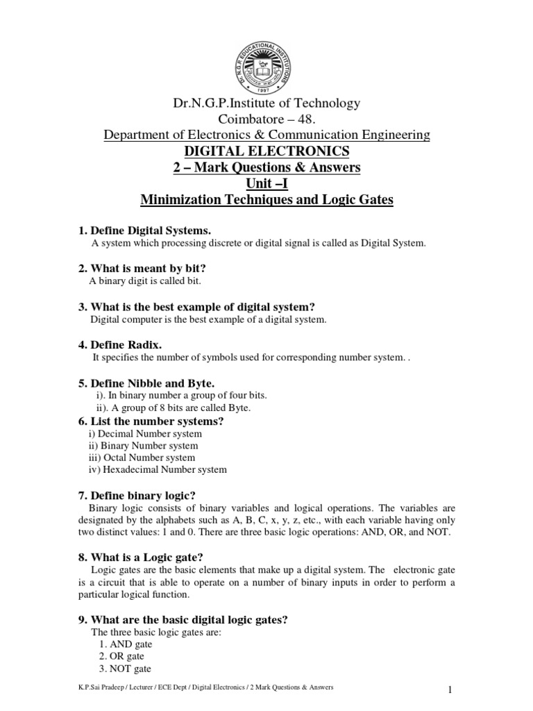 Digital Electronics Question Bank, Digital Electronics 2 Mark Questions ...