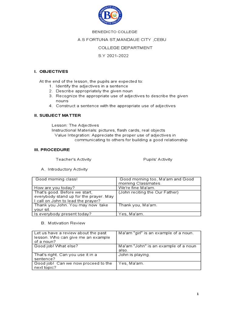 Adjectives Lesson Plan for Primary 3 | PDF | Adjective | Noun