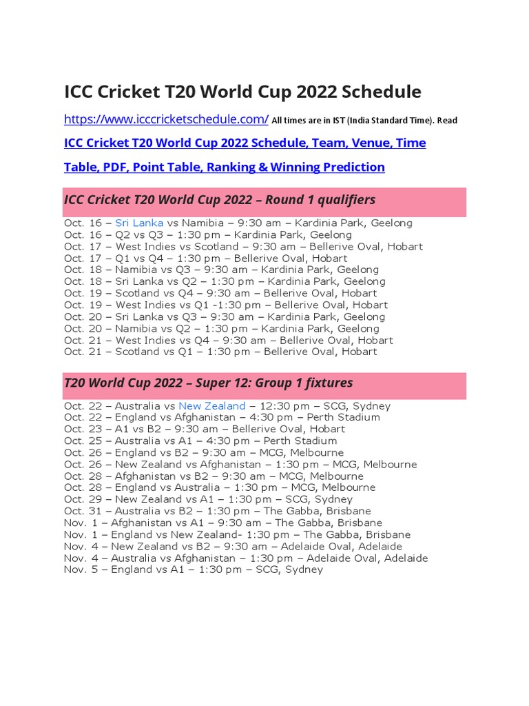 ICC Mens Cricket T20 World Cup 2022 Schedule PDF | PDF | England ...