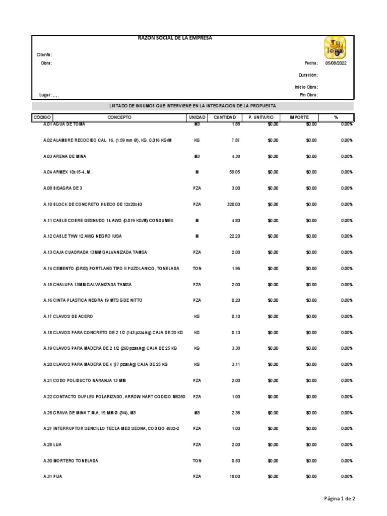 Lista de materiales e insumos para la construcción de una obra | PDF ...