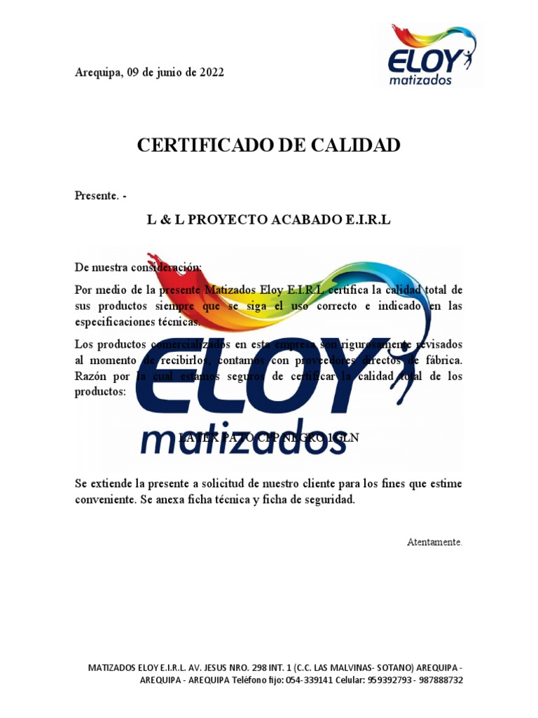 Certificado Calidad Latex Pato CPP | PDF