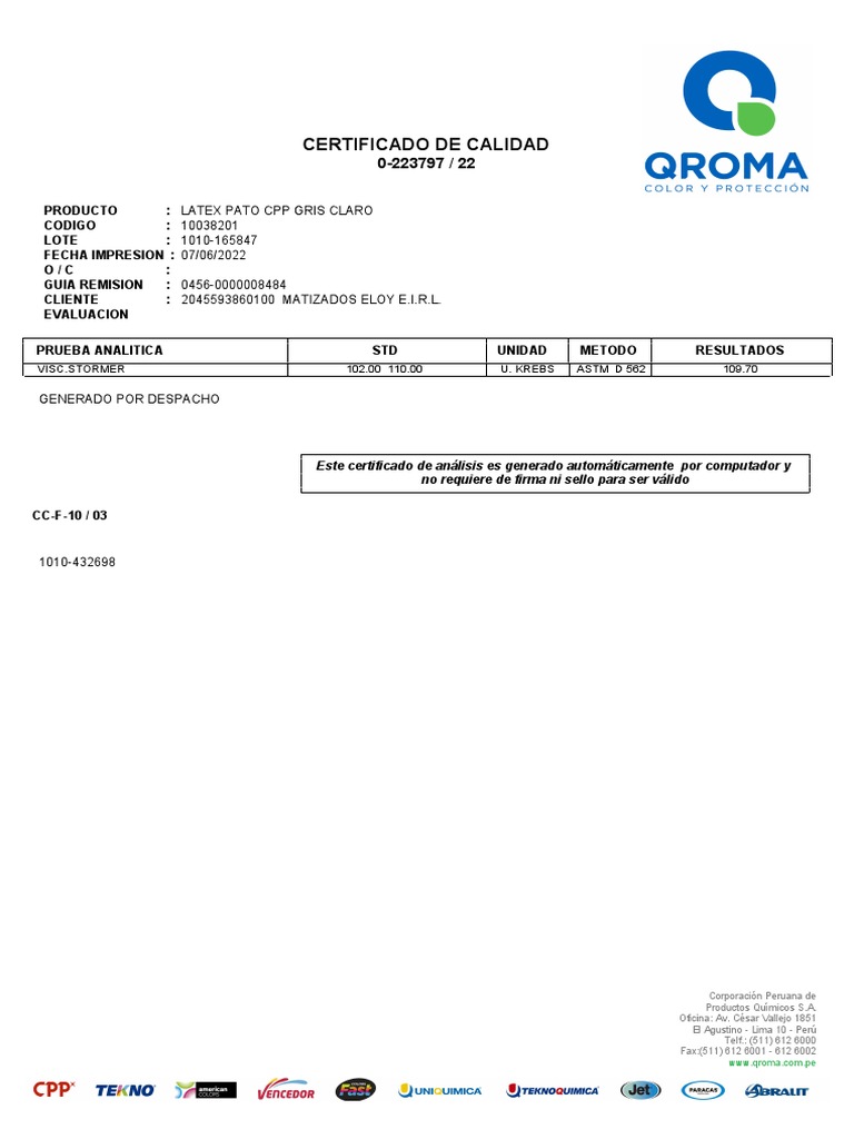 Certificado de Calidad CPP Pato Gris Claro | PDF