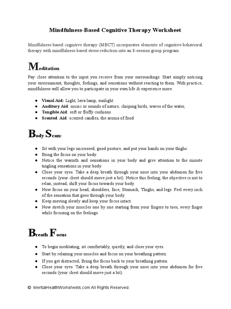 Mindfulness Based Cognitive Therapy Worksheets | PDF | Breathing ...