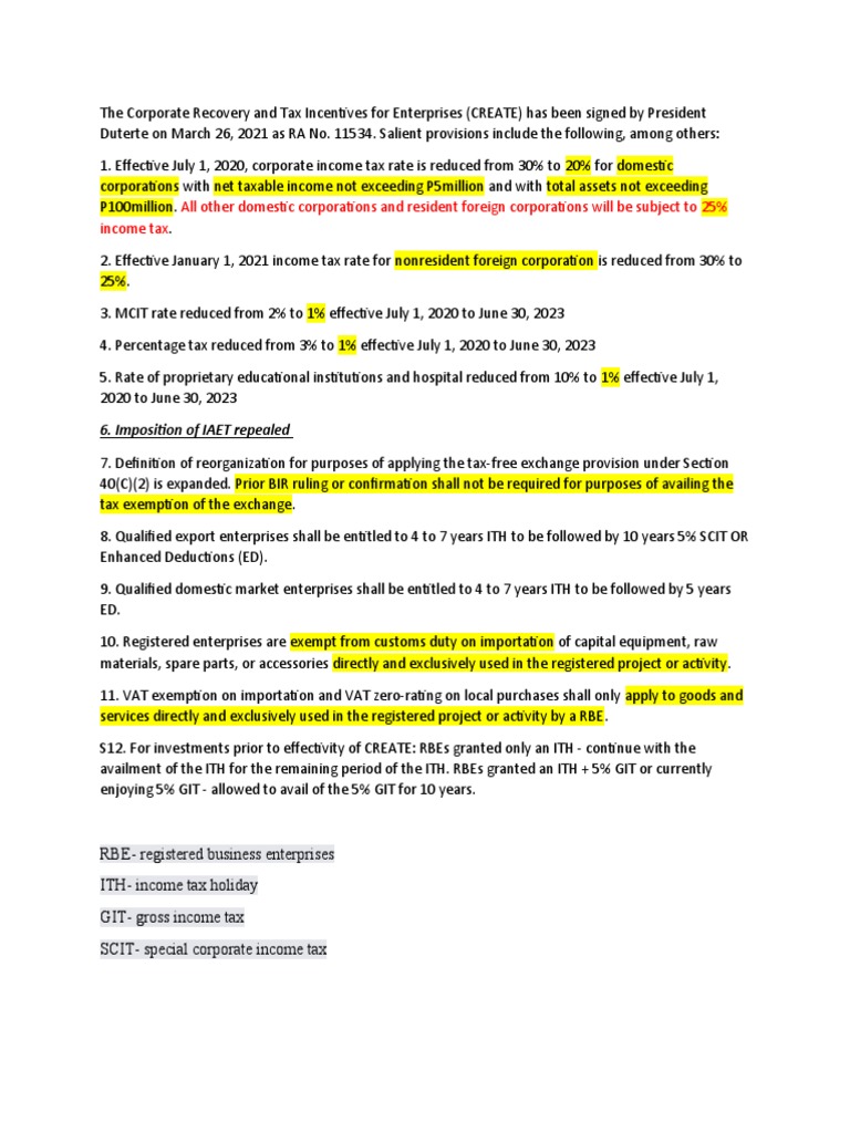 CREATE Law Amending Tax Code | PDF