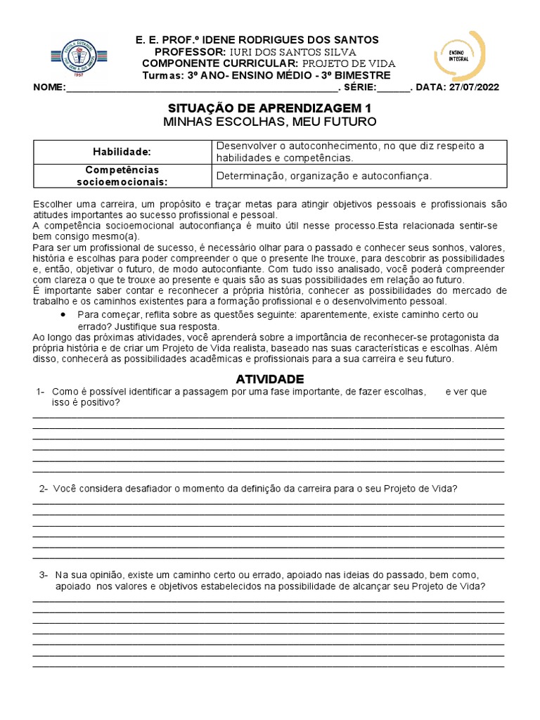 Atividade 3A Projeto de Vida 27 07 2022 PDF | PDF | Vida ...