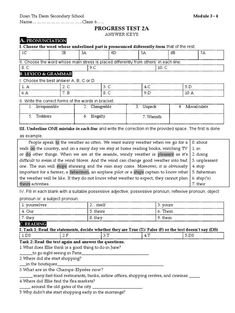 Grade 6 Progress Test Answer Key | PDF | Grammar | Syntax