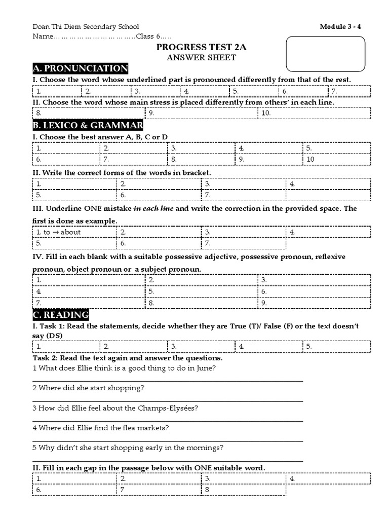 Grade 6 Progress Test 2A Answer Sheet | PDF | Pronoun | Cognition