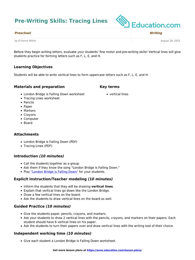 Pre-Writing Skills: Tracing Vertical Lines for Letters | PDF | Lesson ...