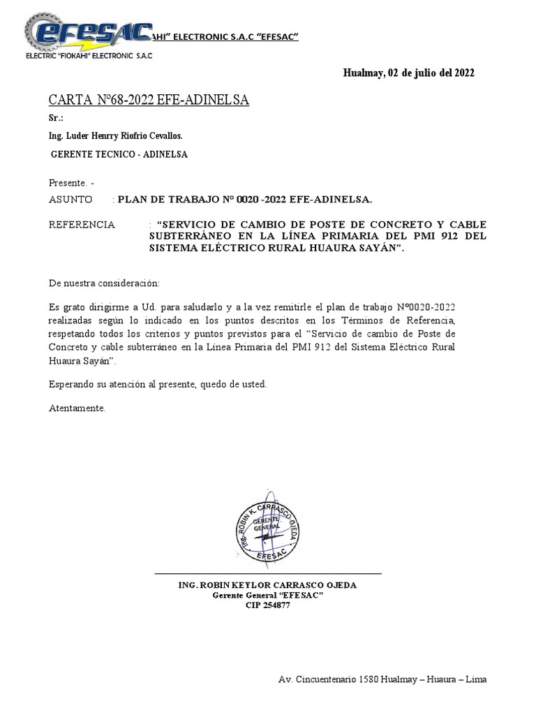 Carta Nº068-2022 Plan de Trabajo Efesac-Huacan | PDF | Hogar ...