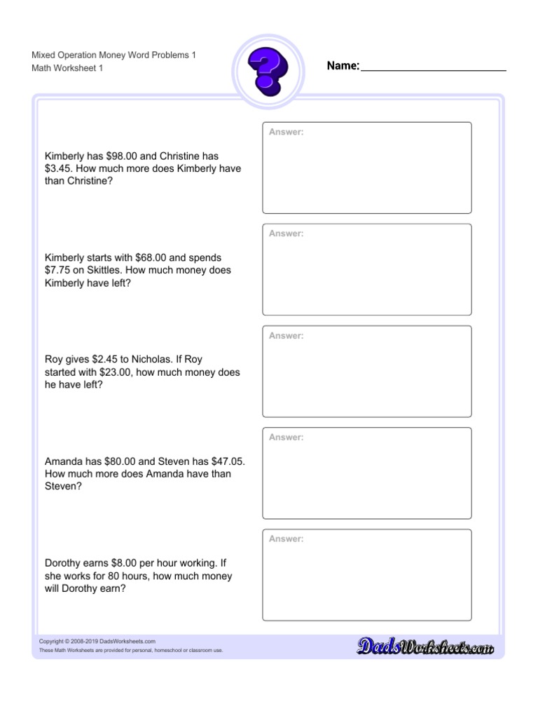 Mixed Operation Money Word Problems One v1 | PDF