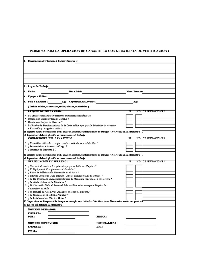 Cap 4 Proc 4.1.30 Permiso Operacion de Canastillo Con Grua (Anexo 1) | PDF