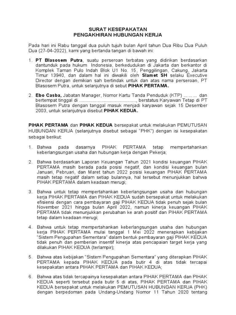 Ebo Casba - Surat Kesepakatan PHK | PDF | Karier & Perkembangan
