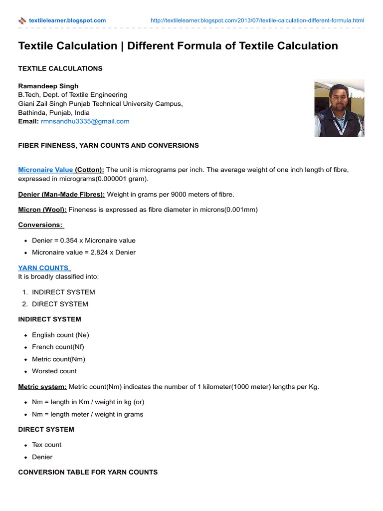 Textile Calculation Different Formula of Textile Calculation | PDF | Weaving | Textile Arts