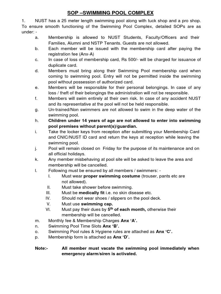 Swimming Pool Form and SOPs | PDF | Fee | Hygiene