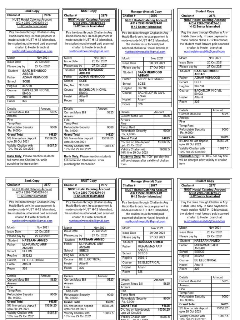 NUST Hostel Catering Challan Nov 2021 | PDF | Payments | Banks