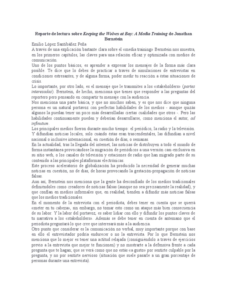 Reporte de Lectura Sobre Keeping The Wolves at Bay | PDF | Comunicación