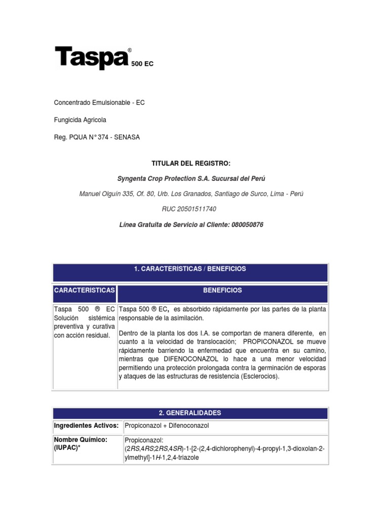 Pe Ficha Tecnica Taspa 500 Ec Mar 17 | PDF | Agua | Quemar