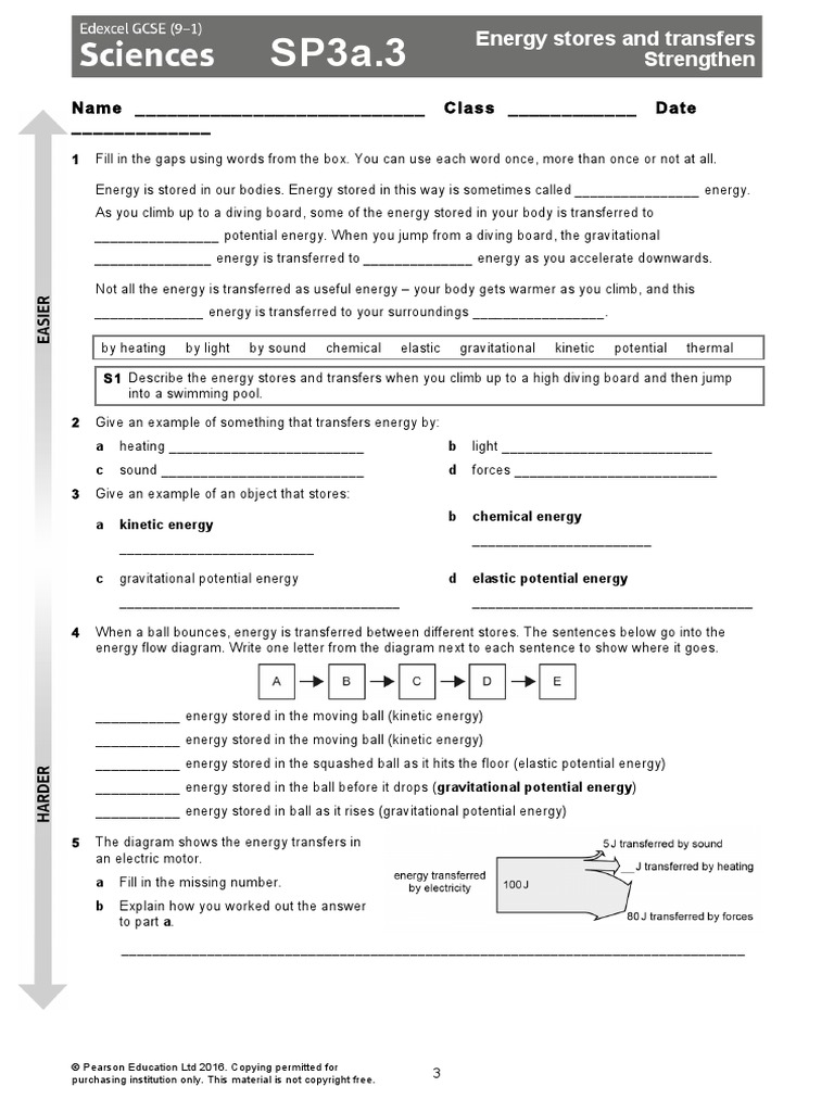 Energy Stores and Transfers Worksheet Support | PDF | Potential Energy ...