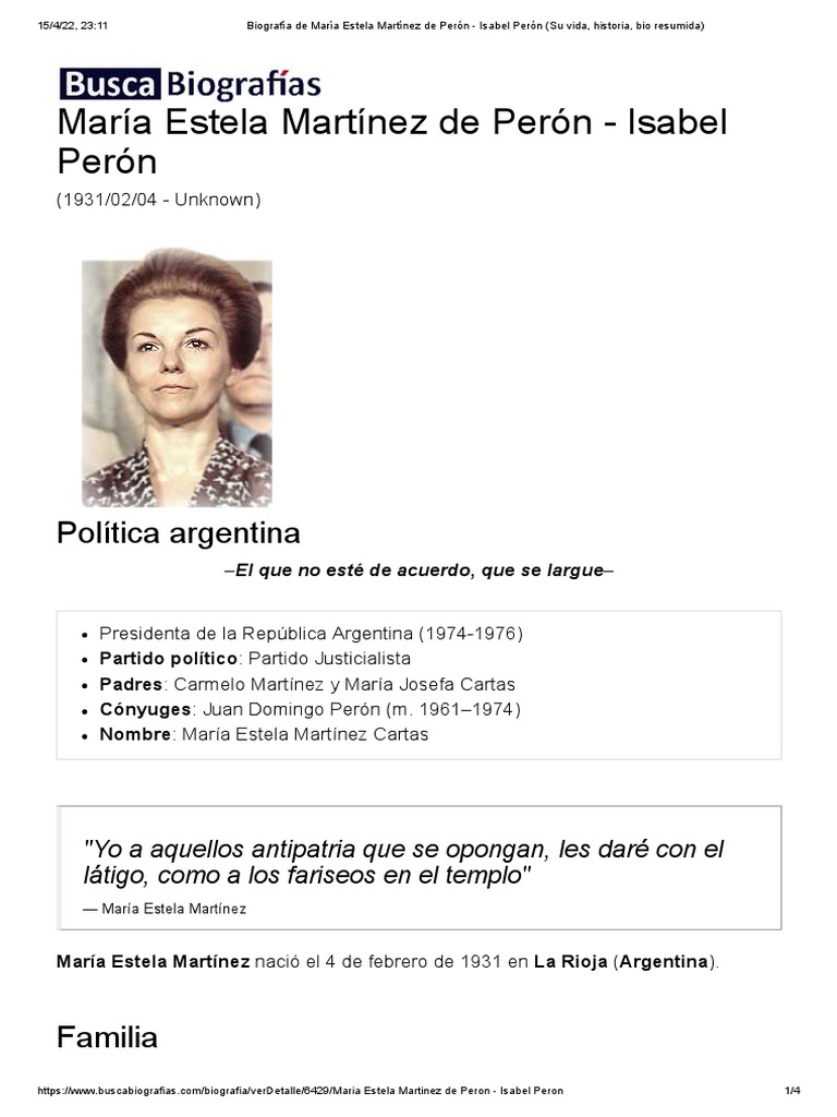 Biografía de María Estela Martínez de Perón - Isabel Perón (Su Vida, Historia, Bio Resumida ...