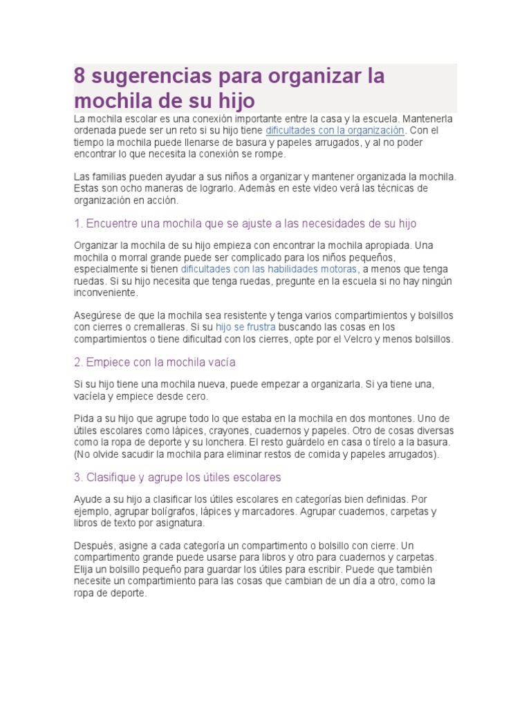 8 Tips para Organizar Mochilas Escolares | PDF | Mochila | Herramientas